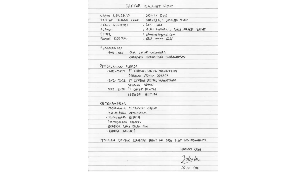 7 Contoh CV Tulis Tangan Baik dan Benar & Templatenya